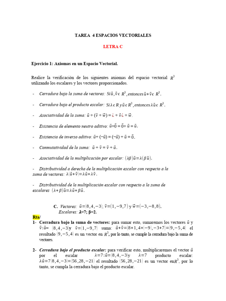 Tarea 4 Espacios Vectoriales Ejercicio 1 Y 2 Pdf Espacio Vectorial