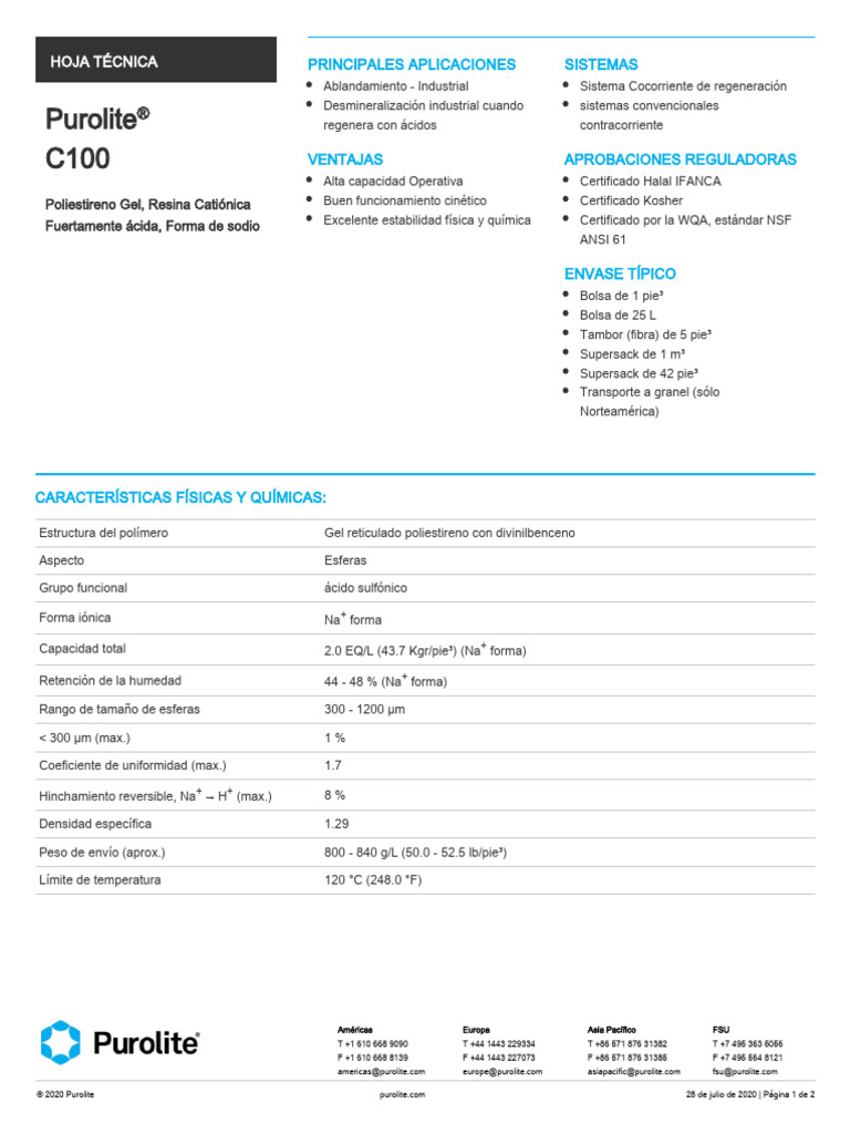 Purolite C100: Hoja Técnica | PDF | Física Aplicada e ...