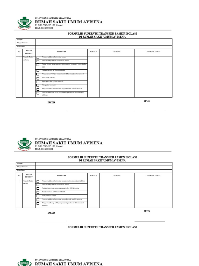 Formulir Supervisi Transfer Pasien Airborne | PDF