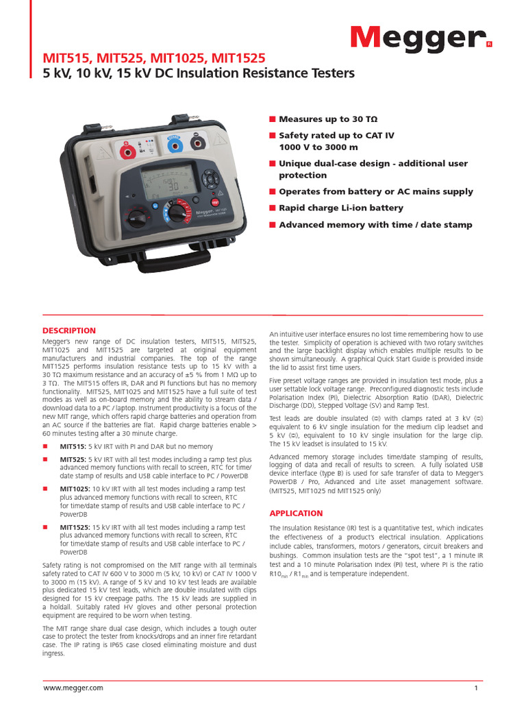 Megger Data Sheet | PDF | Insulator (Electricity) | Voltage