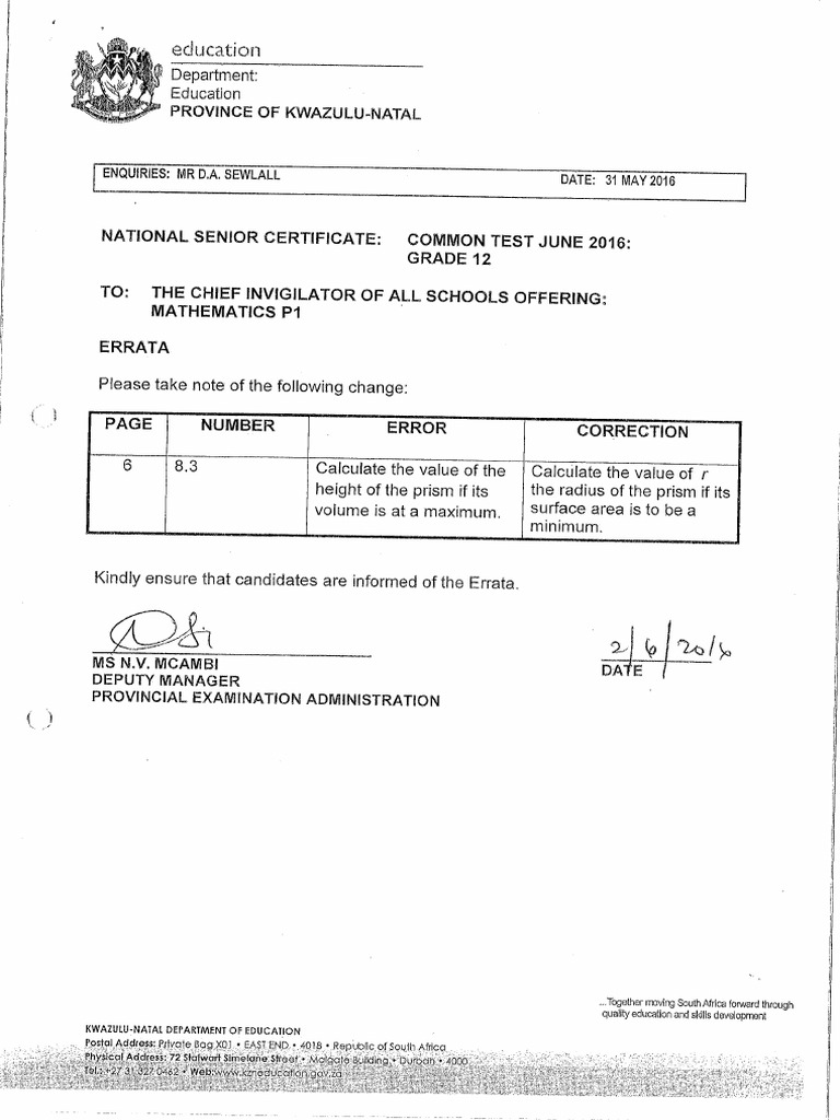 2016 Maths p1 June QP Memo | PDF