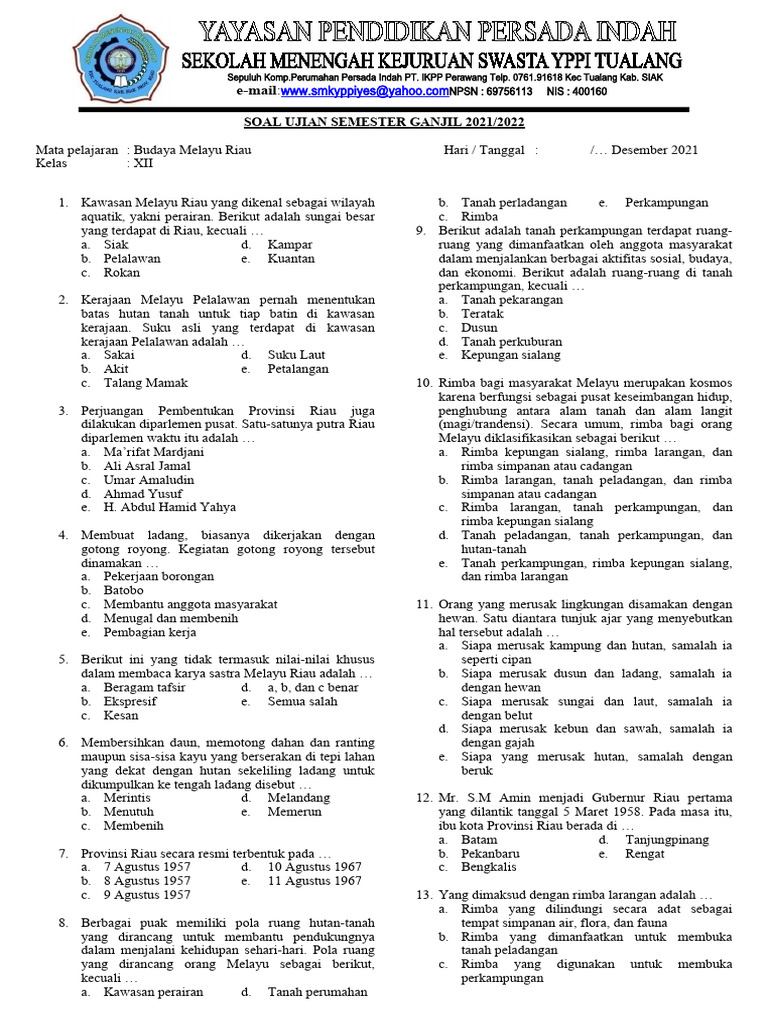 Soal BMR Kelas XII 2021 Semester 1 | PDF