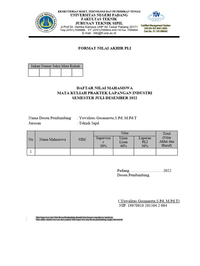 Form Penilaian Akhir Pli | PDF