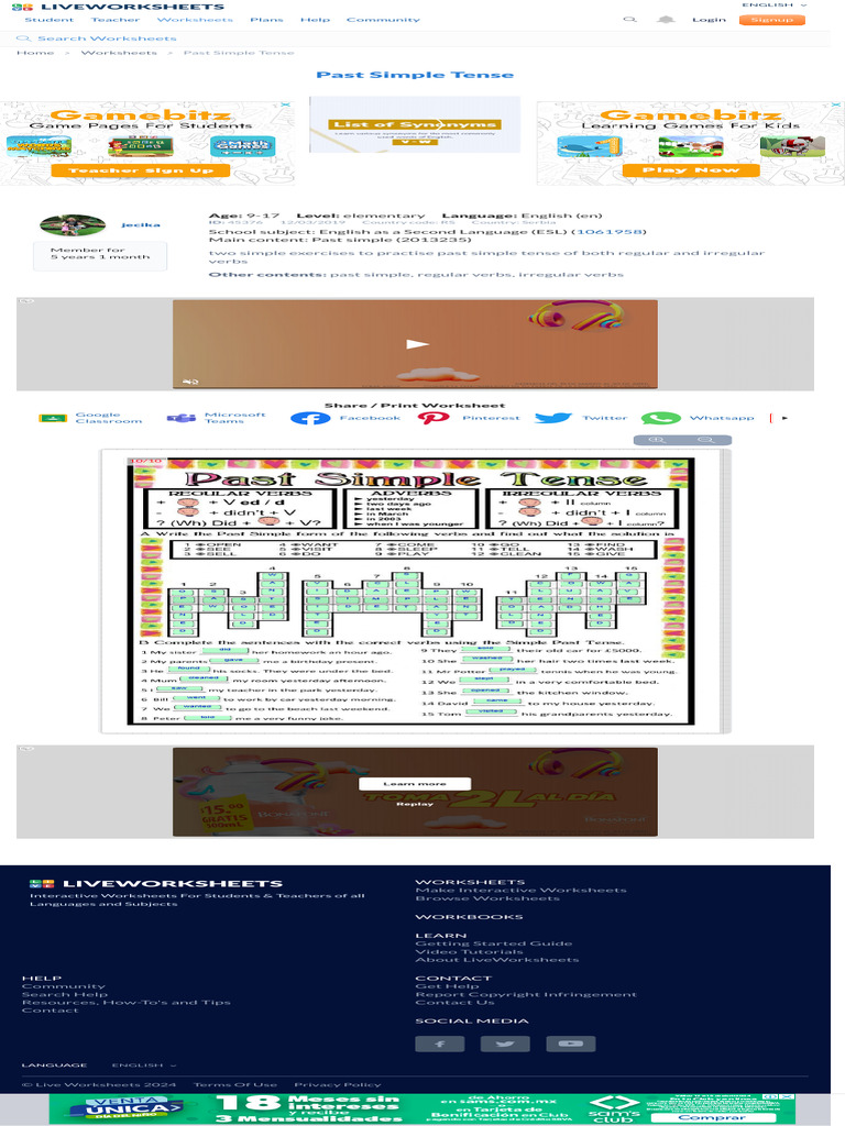 Past Simple Tense Interactive Worksheet Live Worksheets | PDF ...