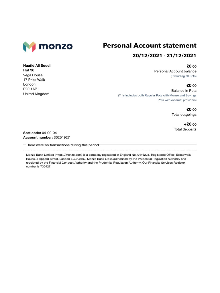 Monzo_bank_statement_2021_12_20-2021_12_21_3620 | PDF | Deposit Account ...