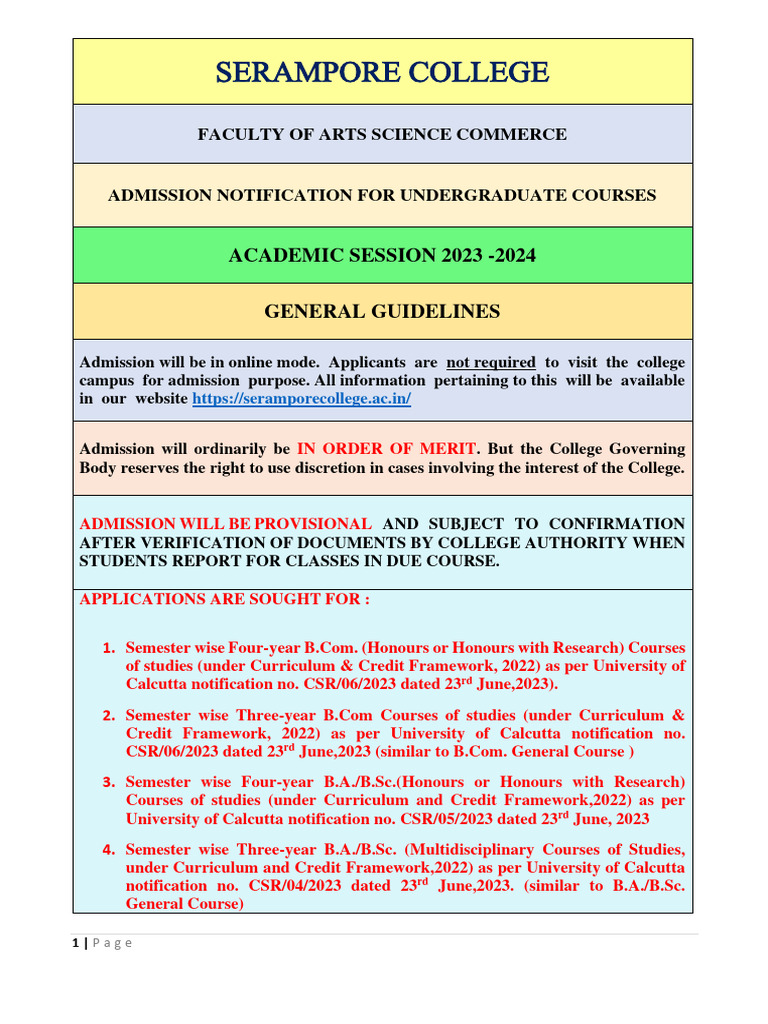 Serampore College UG Admission 2023-24 | PDF | University And College Admission | Bachelor's Degree
