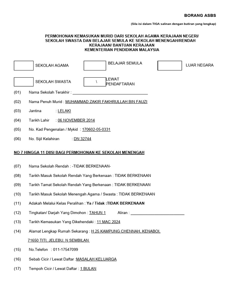 Borang Asbs (Baru) | PDF