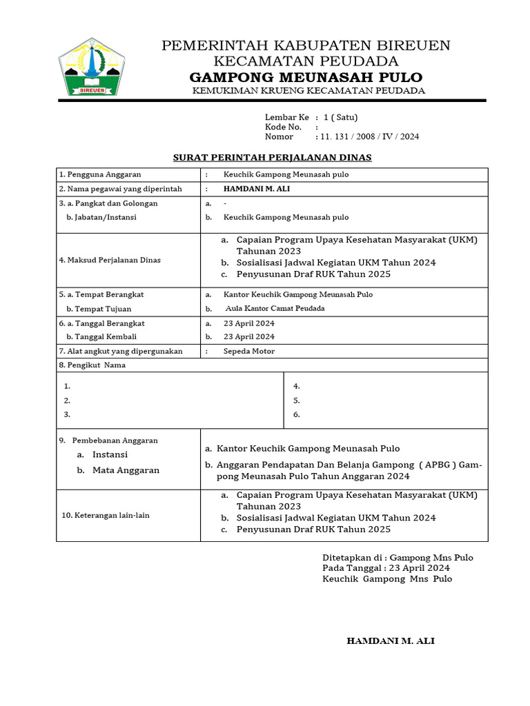 Contoh SPPD Gampong Meunasah Pulo | PDF