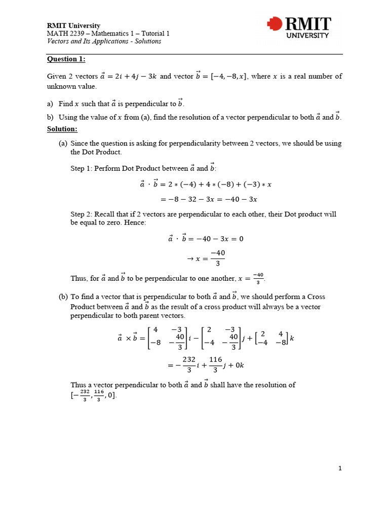 Tutorial - w1 - Vectors Introduction and Arithmetic (Solution) | PDF | Euclidean Vector | Equations