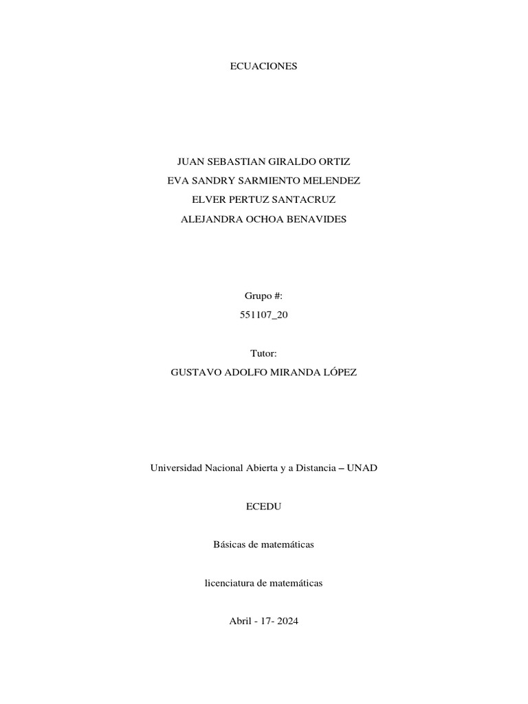Ecuaciones Grupo 551107 - 20 | PDF | Ecuaciones | Matemáticas