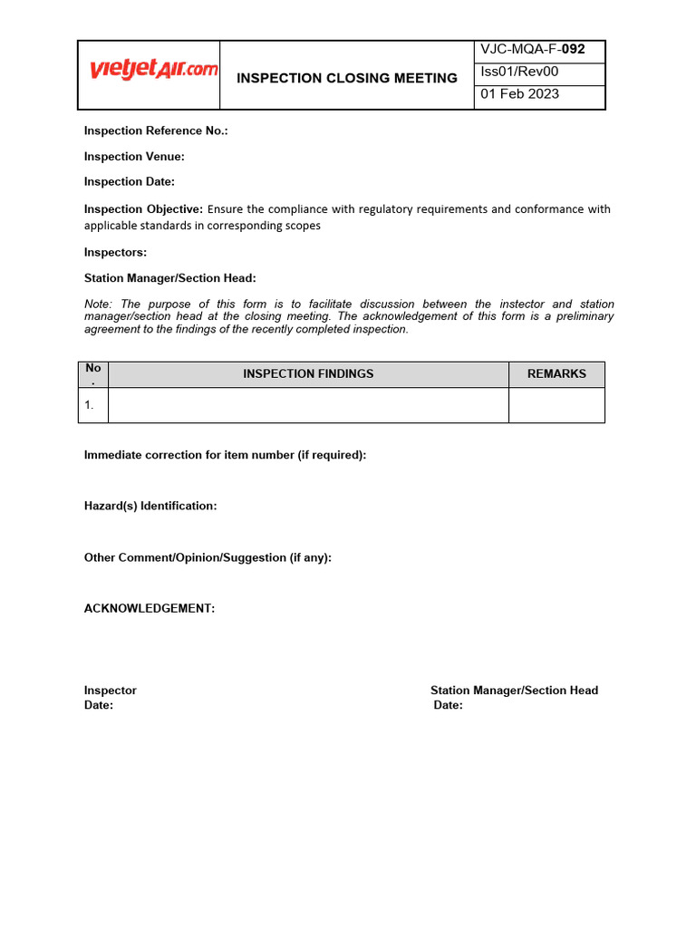 Inspection Closing Meeting Form | PDF