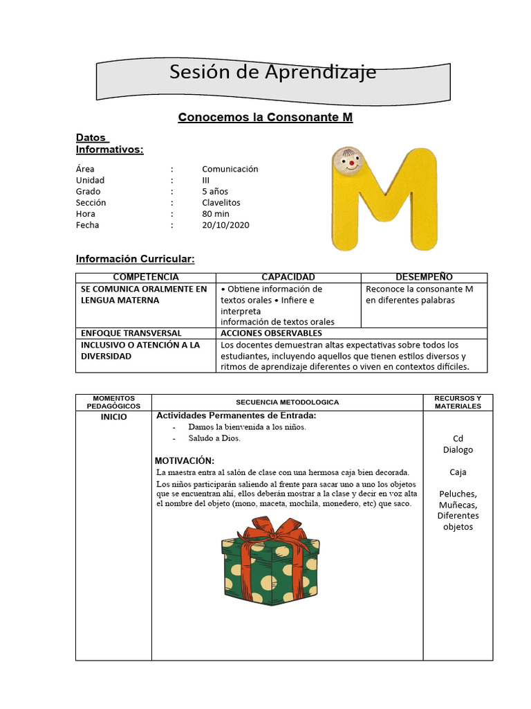 Toaz - Info Sesion Conocemos La Consonante M PR | PDF | Sílaba | Evaluación