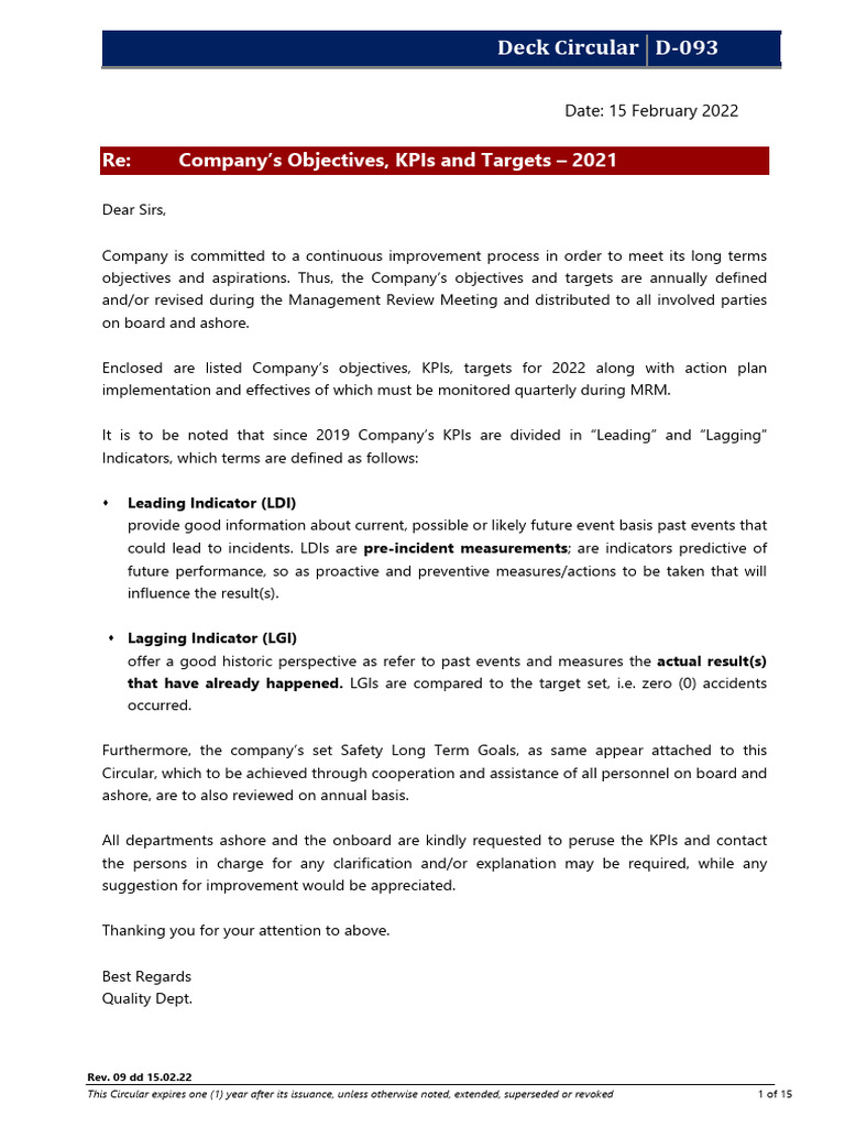 D 093+Objectives+Kpis&Targets+15.02.22 | PDF | Performance Indicator | Ships