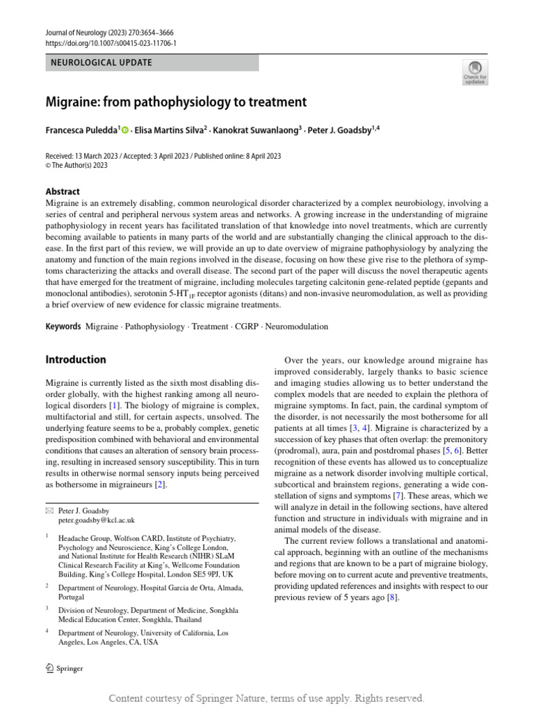Migraine From Pathophysiology To Treatment | PDF | Migraine | Thalamus