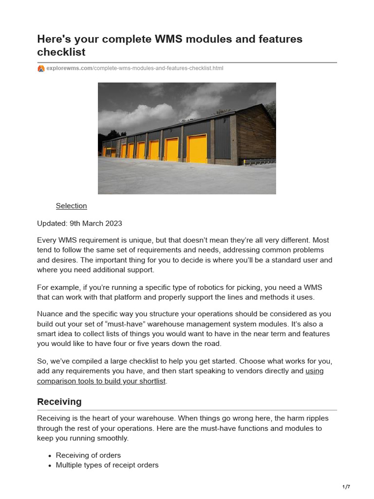 WMS-Complete WMS modules and features checklist | PDF | Warehouse | E Commerce