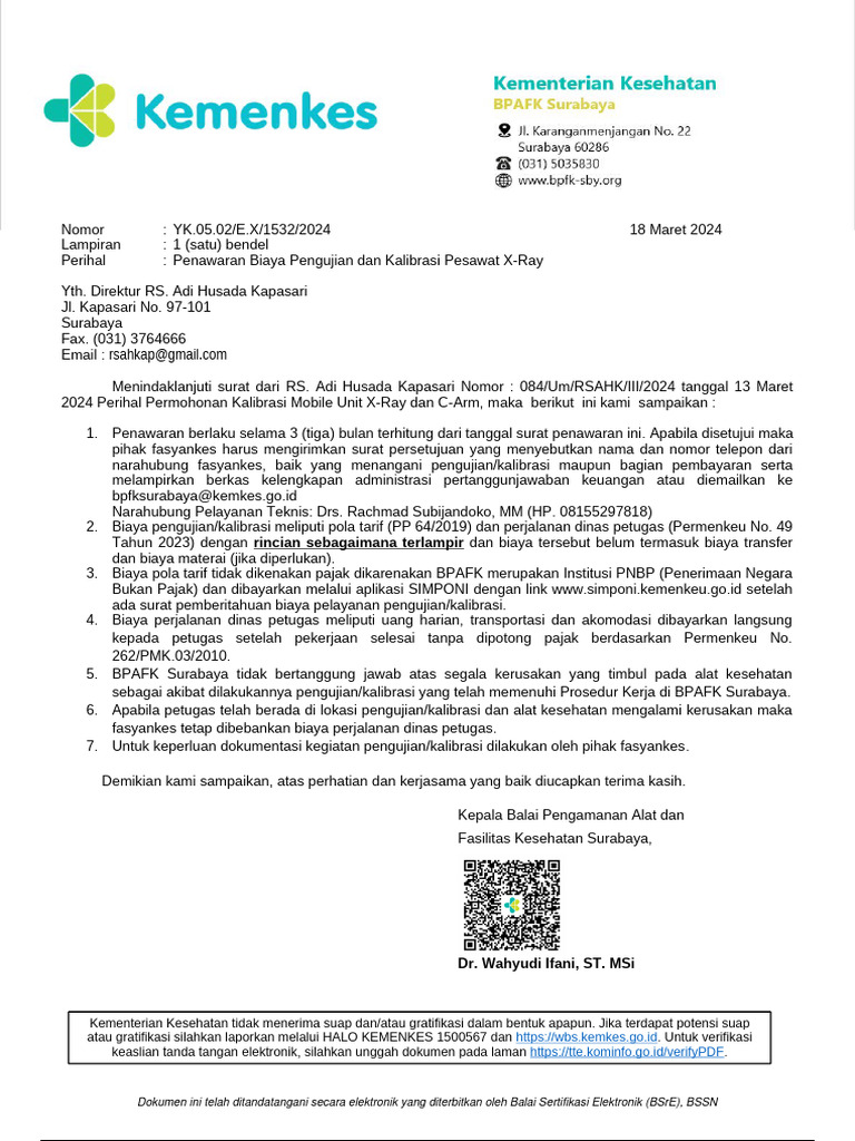 1532 Surat Penawaran RS Adi Husada Kapasari | PDF