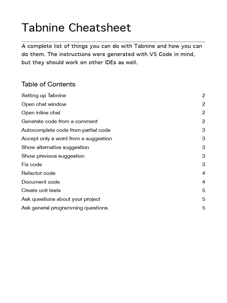 2 +Tabnine+Cheatsheet | PDF | Computer Science | Computer Programming