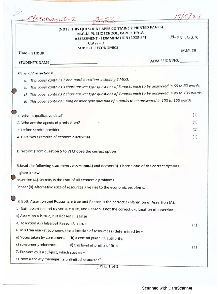 Eco XI 1st Assessment | PDF