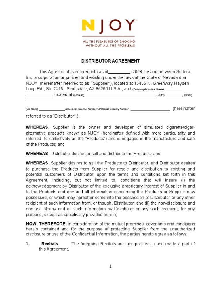 Distributor Agreement 4-08 | PDF | Indemnity | Confidentiality