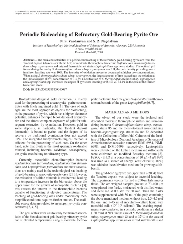 Bioleaching Gold from Pyrite Ore Using Bacteria | PDF | Iron | Chemistry