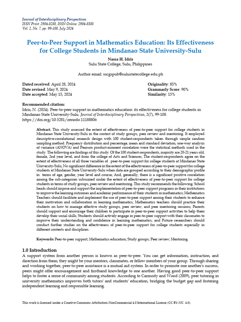 Peer Support in College Mathematics Education | PDF | Survey ...