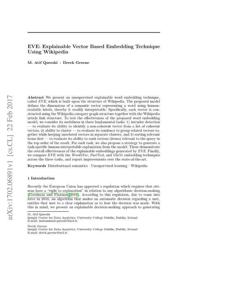 EVE: Explainable Vector Based Embedding Technique Using Wikipedia | PDF | Semantics