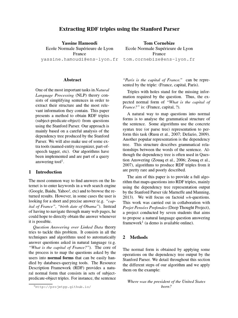 Extracting RDFTriples Using Stanford Parser | PDF | Parsing | Syntax