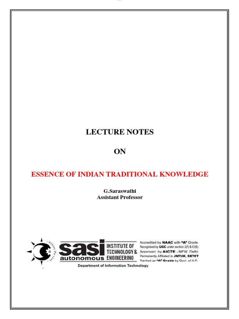 Essence Of Indian Traditional Knowledge Lecture Notes By Saraswathi