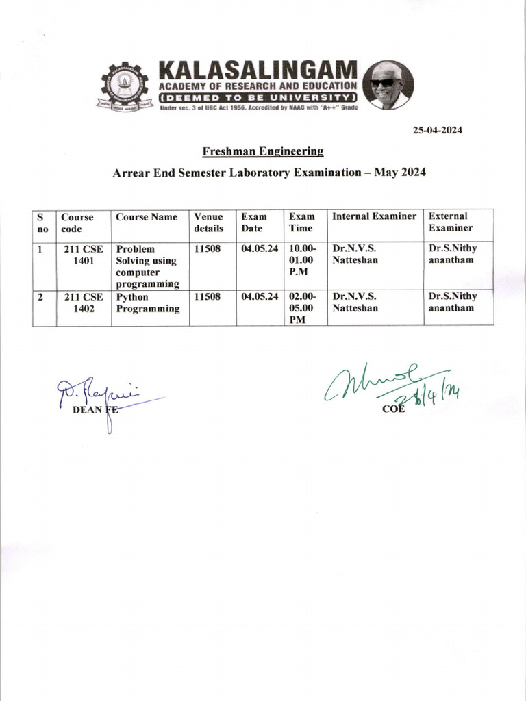 211cse1401 &211cse1402 Arrear Lab Schedule | PDF