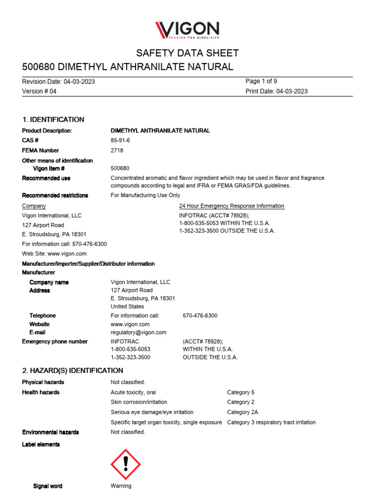 Dimethyl Anthranilate Natural SDS | PDF | Dangerous Goods | Firefighting