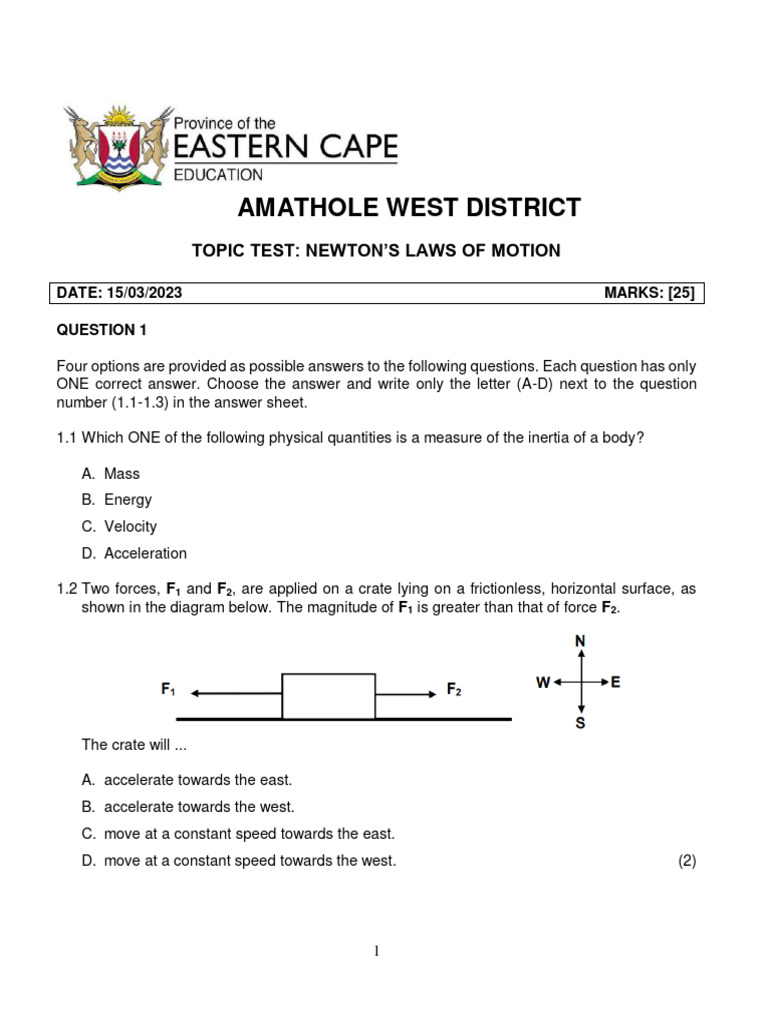 2023-Topic Test 2 On Newton's Laws of Motion | PDF | Force | Newton's ...