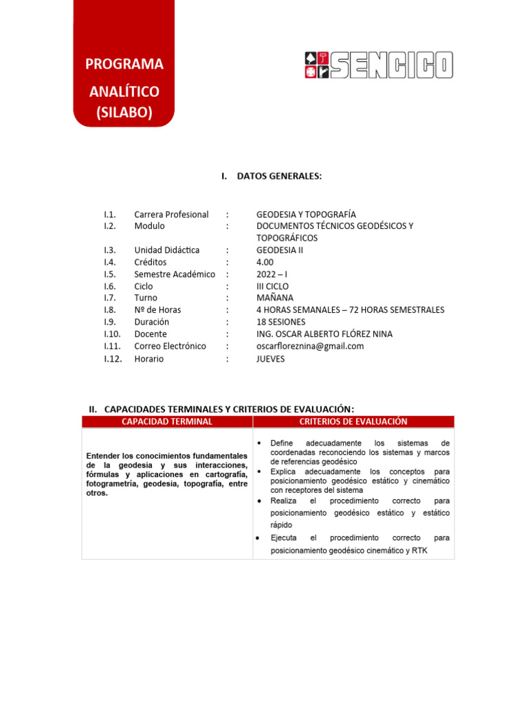 Programa Analitico de Geodesia Ii-2022 | PDF | Geodesia | Datos ...