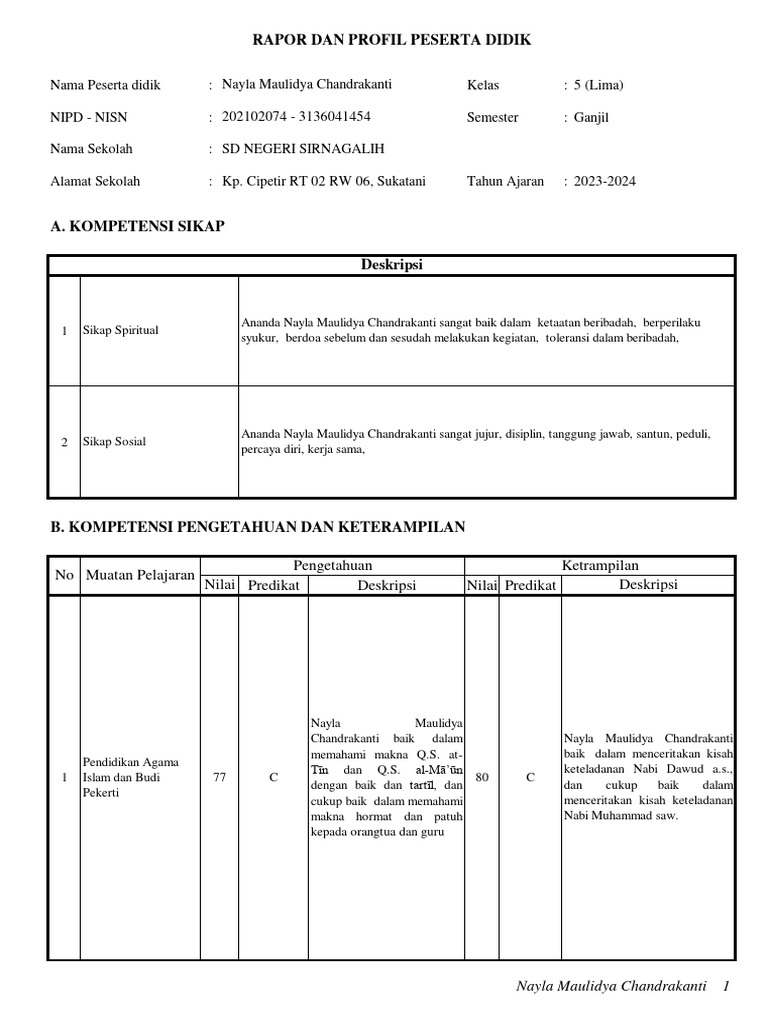 Rapor - Nayla Maulidya Chandrakanti | PDF