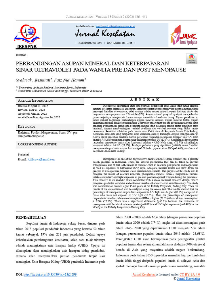 Perbandingan Asupan Mineral Dan Keterpaparan Sinar Ultraviolet Pada Wanita Pre Dan Post ...