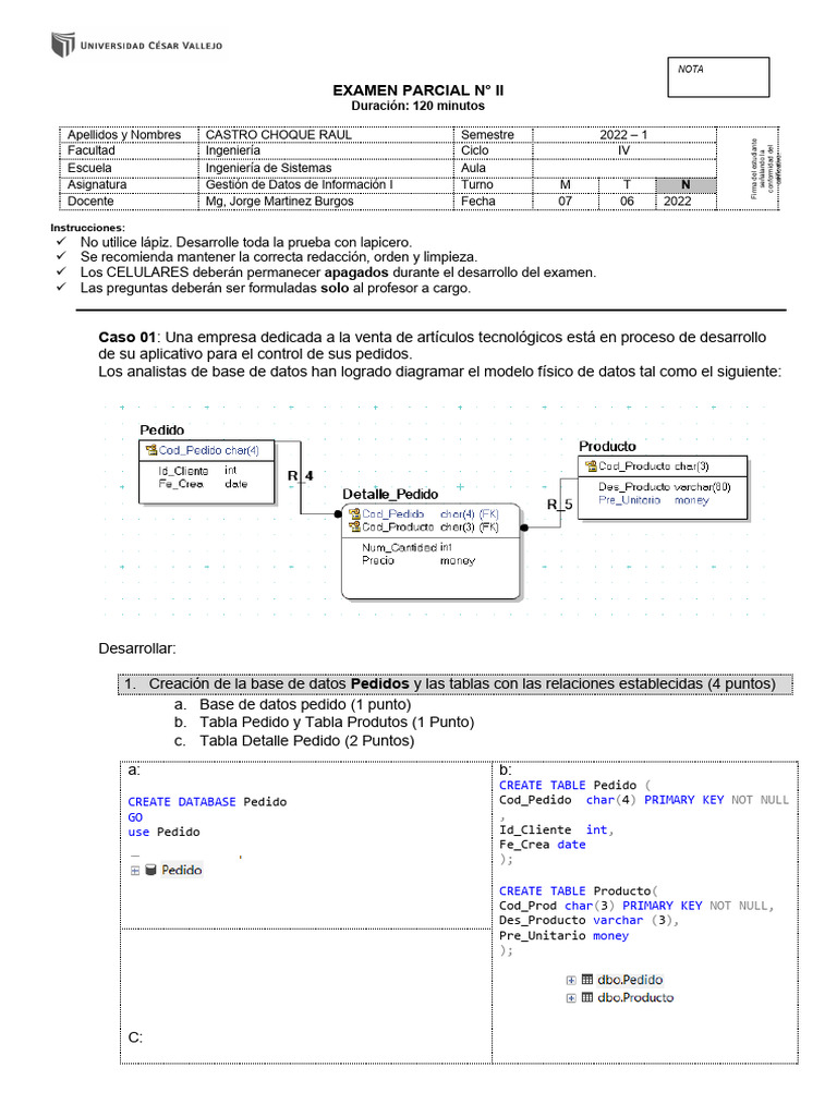 Examen Parcial Gestión de Datos I | PDF | Bases de datos
