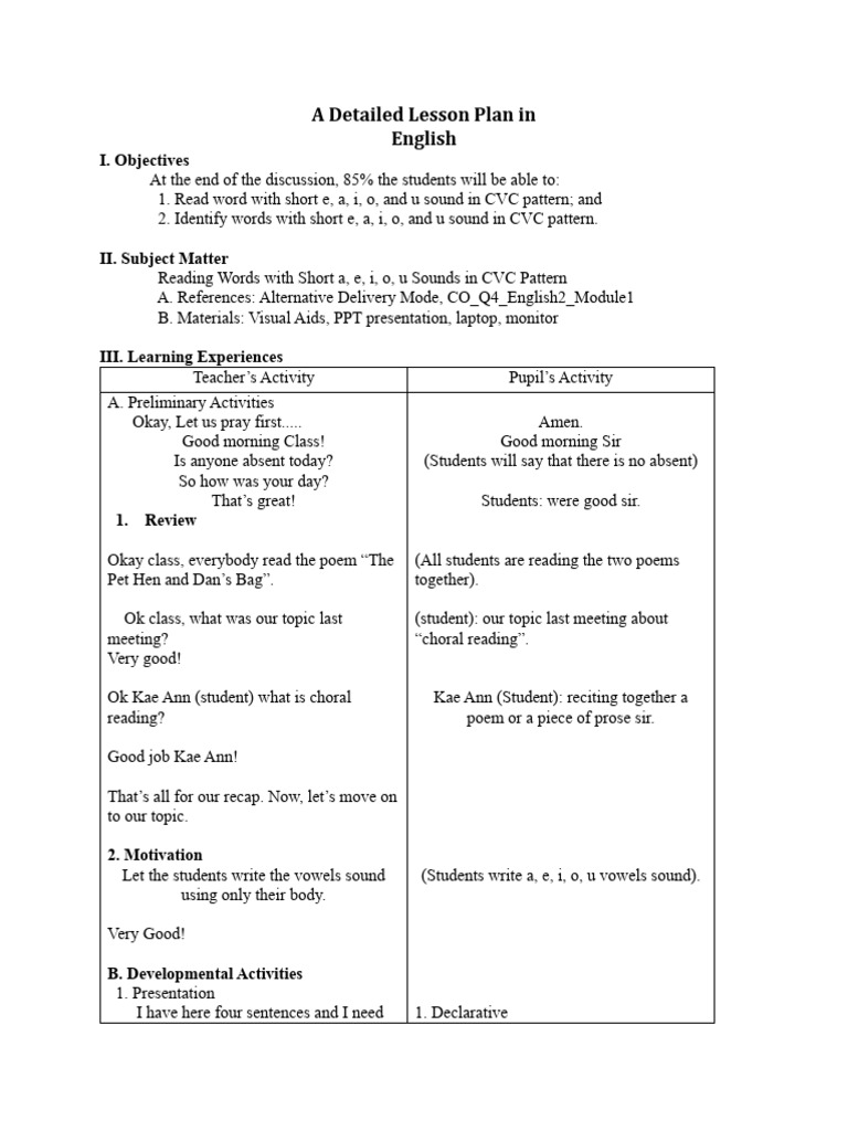 A Detailed Lesson Plan elem | PDF | Sentence (Linguistics) | Question