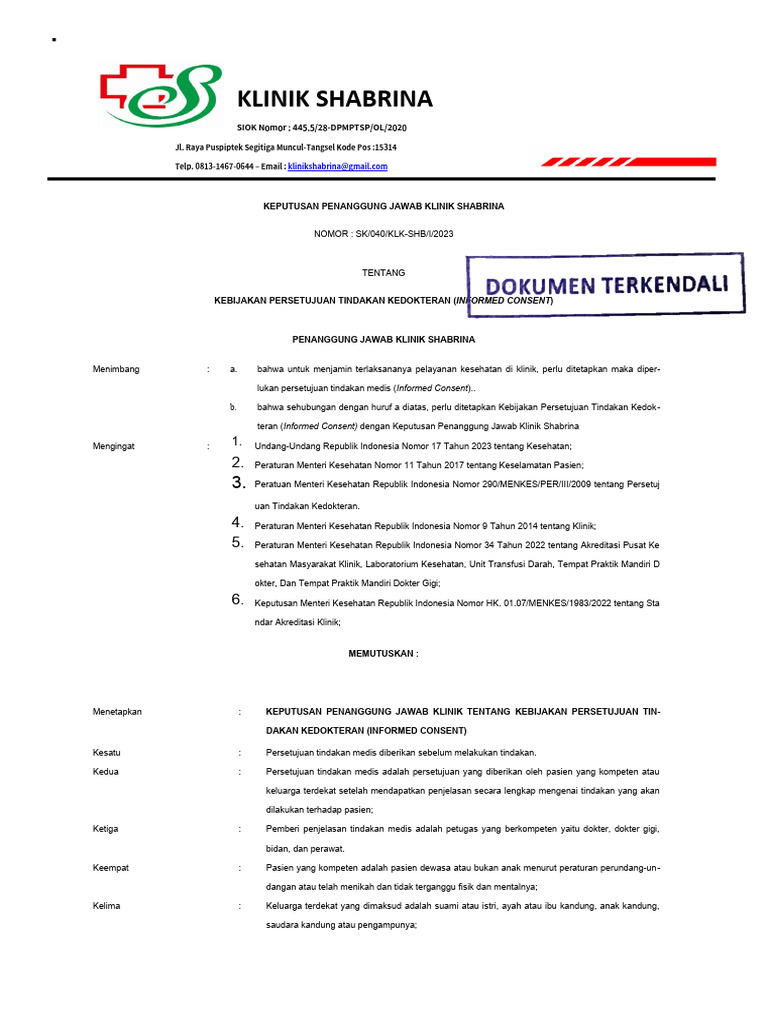 Kebijakan Informed Consent Klinik Shabrina | PDF | Hukum