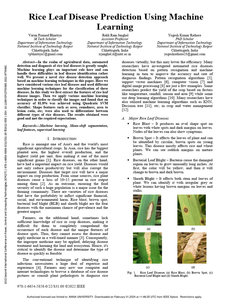 Rice Leaf Disease Prediction Using Machine Learning | PDF | Machine ...