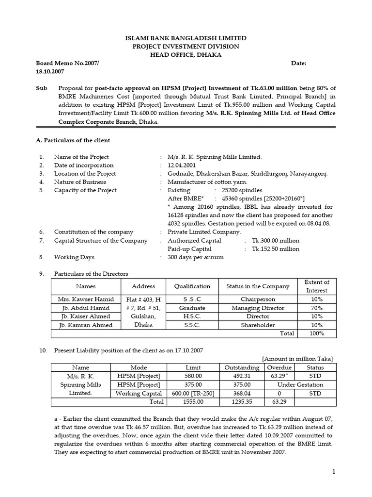 HPSM Investment Proposal for R.K. Spinning | PDF | Private Sector | Economies