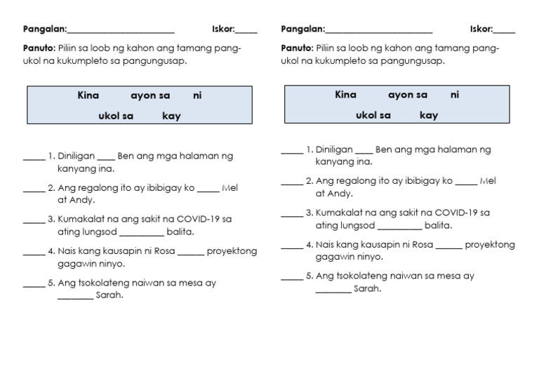 FILIPINO WORKSHEET 5 - Paggamit NG Wastong Pang-Ukol-1 | PDF FILIPINO WORKSHEET 5 - Paggamit NG Wastong Pang-Ukol-1 | PDF