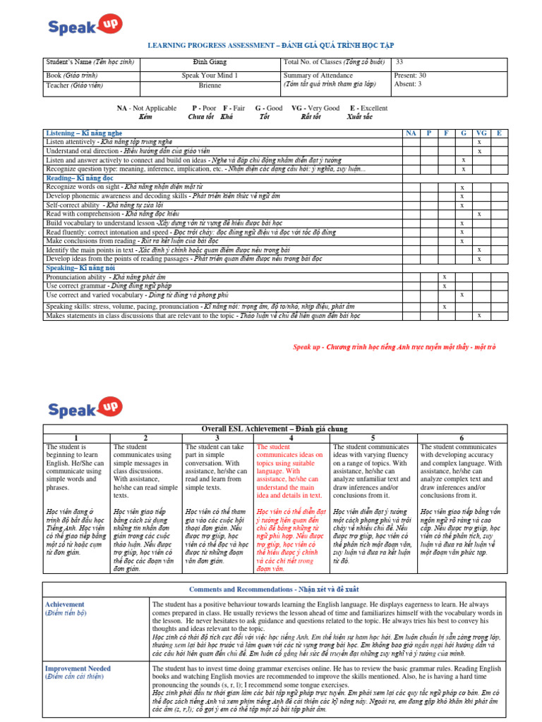 Đinh Giang - Learning Progress Assessment | PDF