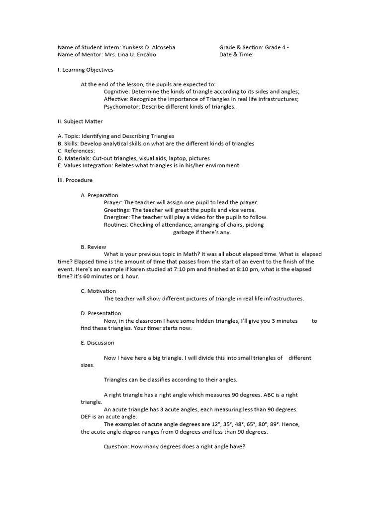 Lesson Plan in Mathematics 4 (Identifying and describing triangles ...