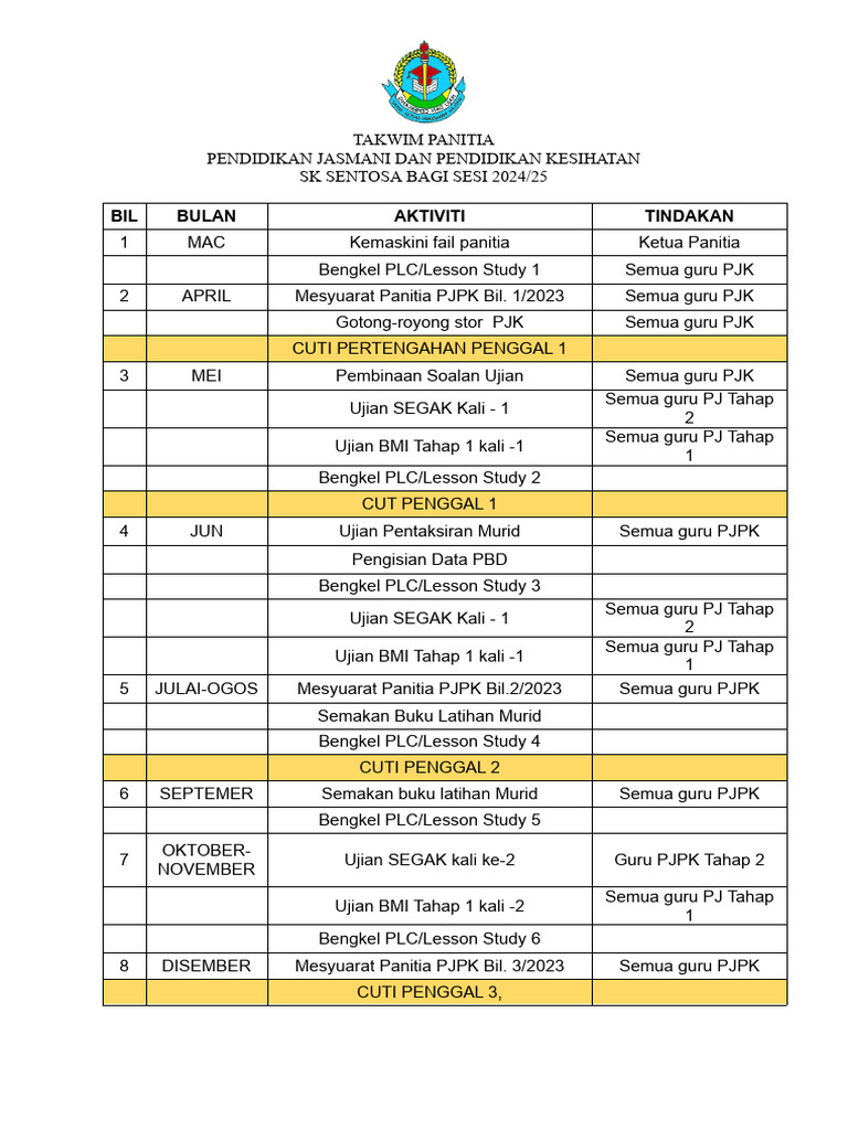 Takwim PJK SK Sentosa 2024/25 | PDF