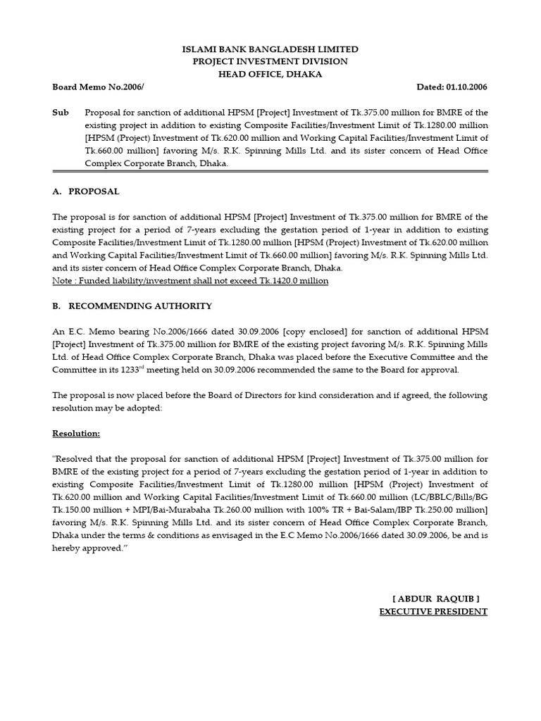 Additional HPSM Investment Proposal for R.K. Spinning Mills | PDF