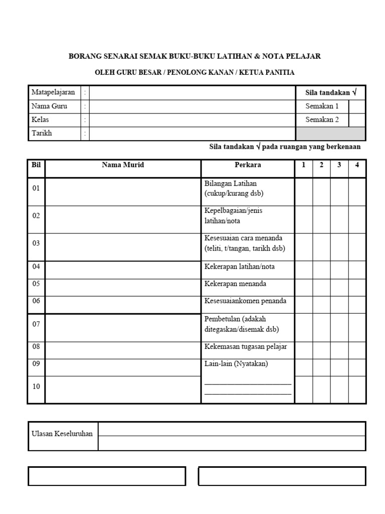 Senarai Semak Buku Latihan Dan Nota Pelajar | PDF