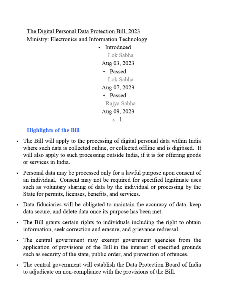 The Digital Personal Data Protection Bill | PDF | Privacy | Informed ...