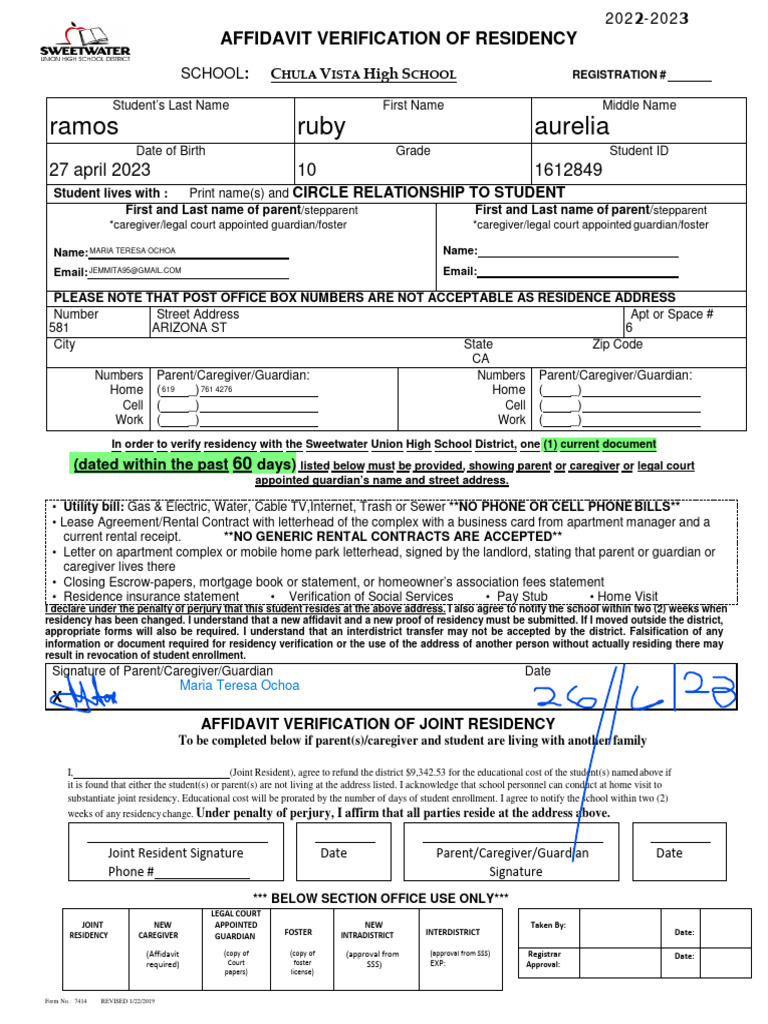 22-23 Affidavit Residency Fillable - English | PDF
