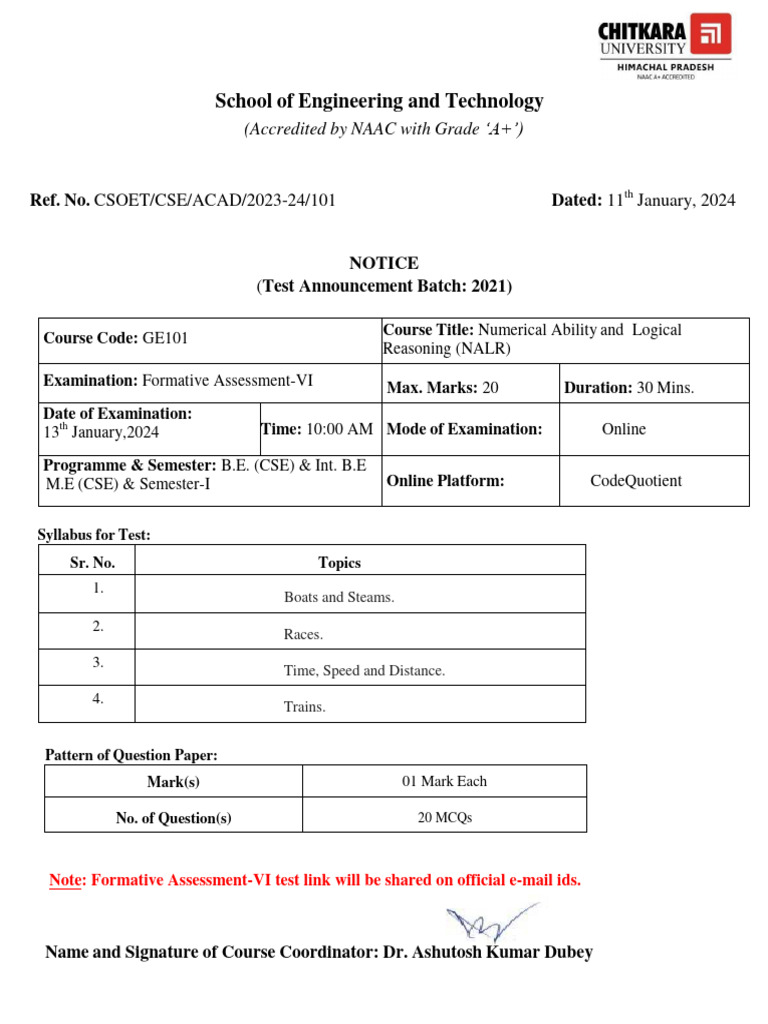 Numerical Ability Test Notice Jan 2024 | PDF