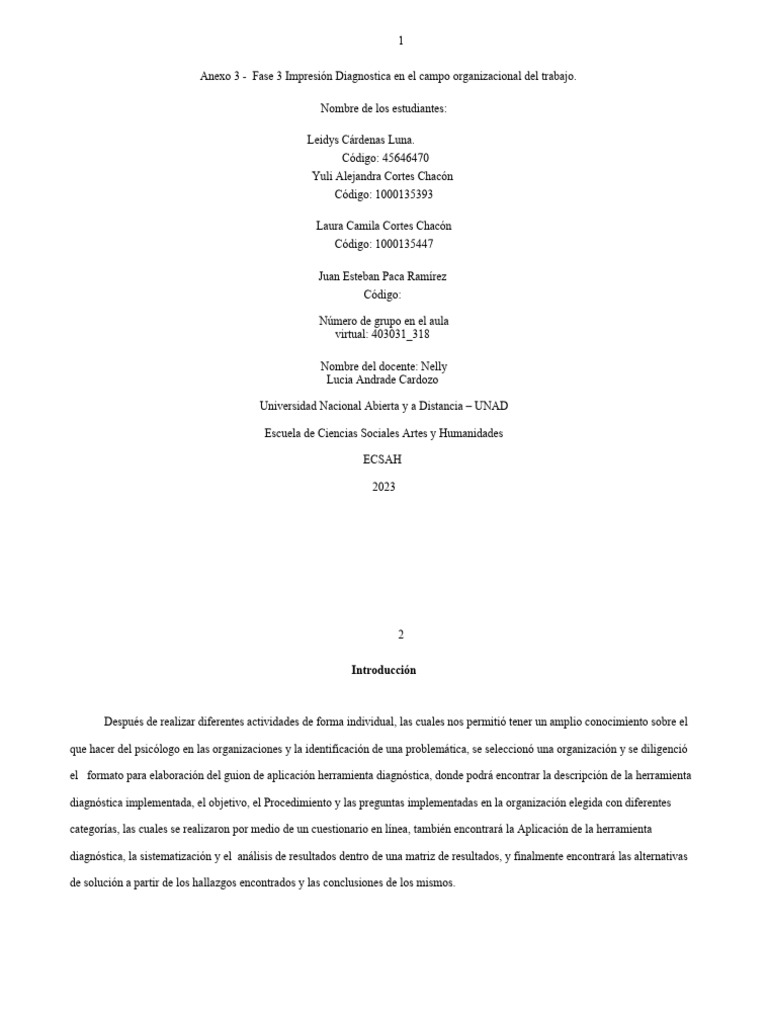 Anexo 3 - Fase 3 Impresión Diagnostica en El Campo Organizacional Del Trabajo. GR 318 Grupal ...