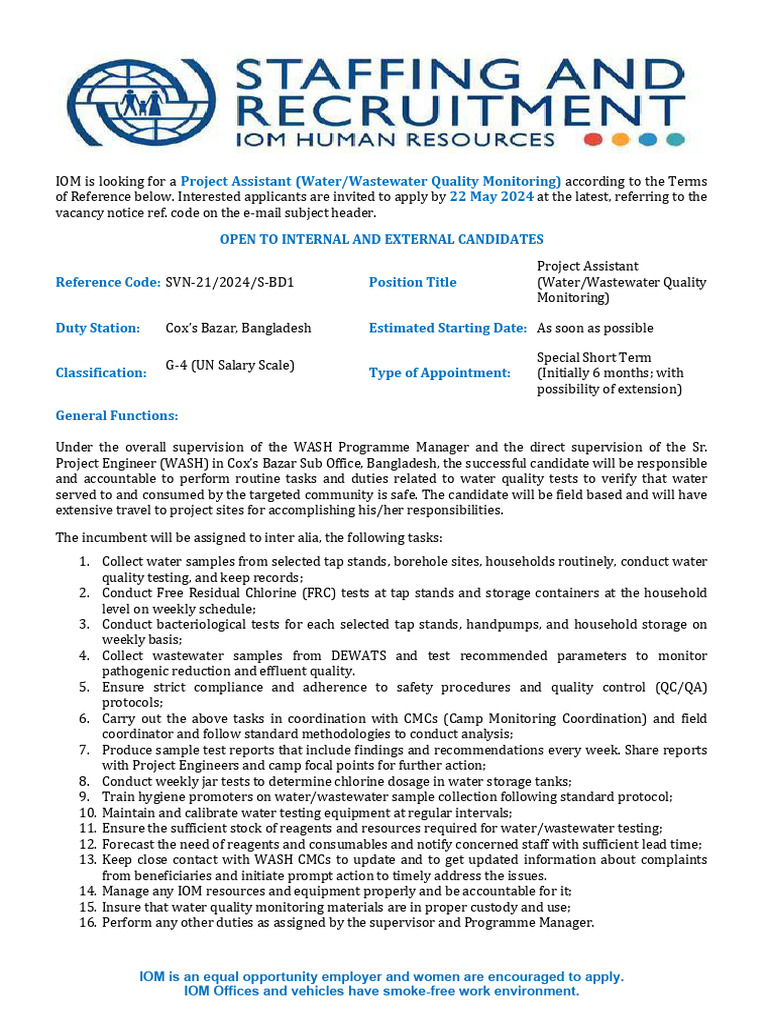 SVN 21 2024 sbd1 - Project Assistant Water Wastewater Quality Monitoring - g4 - CXB - 2024 | PDF ...